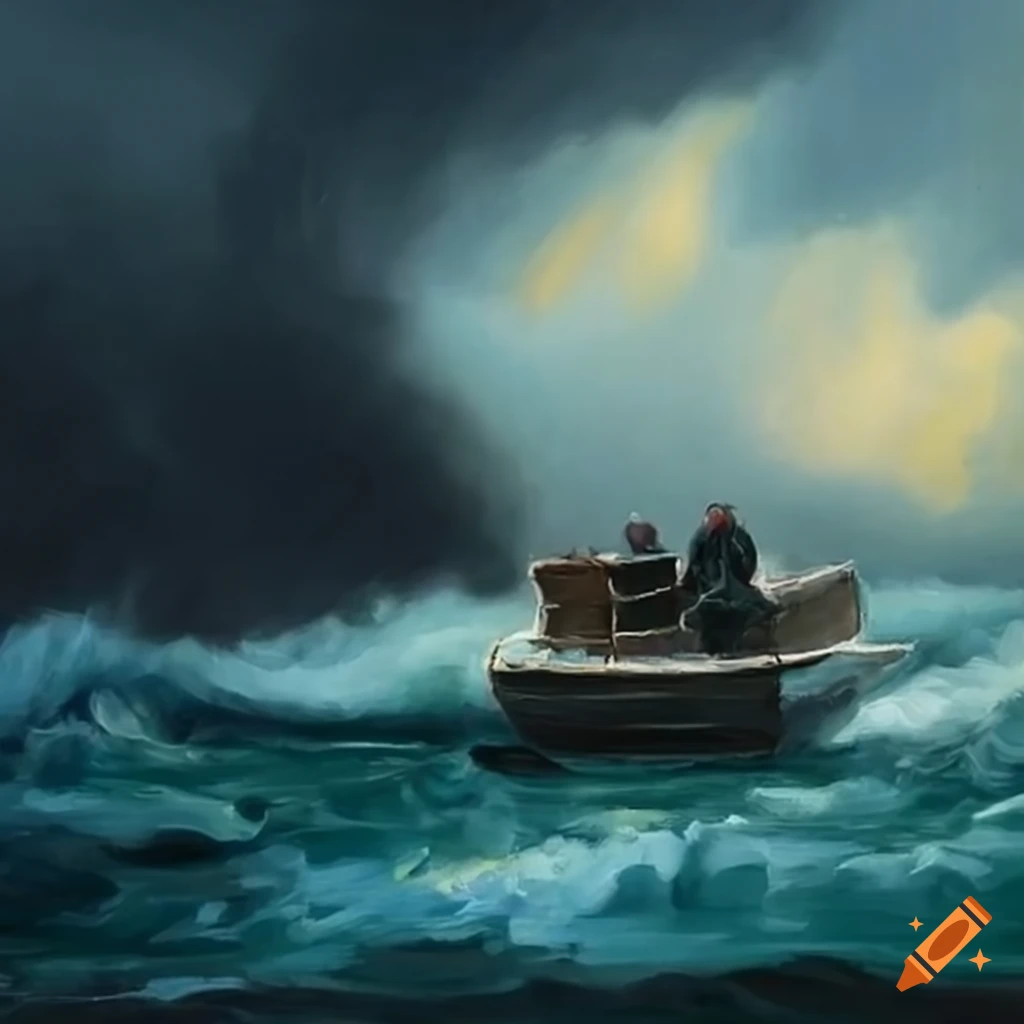 Pontoon boat navigating through a storm in an oil painting on Craiyon