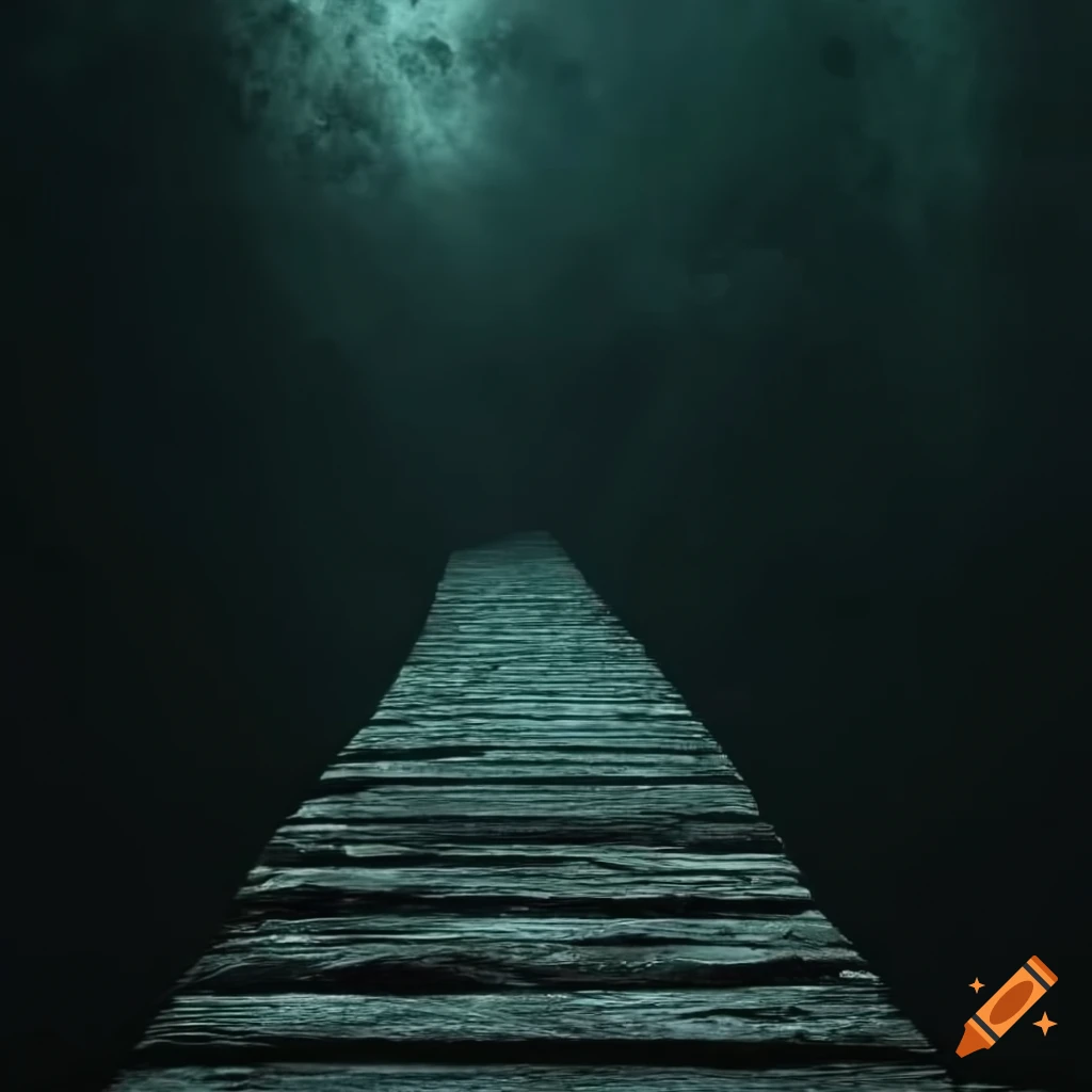 Eerie liminal space with narrow bridge leading into darkness and ...