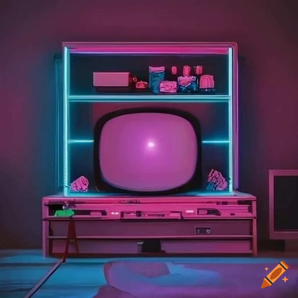 Retro gaming room with neon lights for youtube video on Craiyon