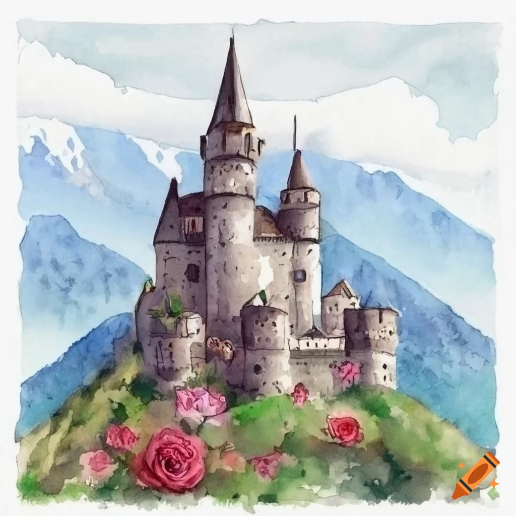 Enchanting watercolor painting of a medieval castle with red rose ...