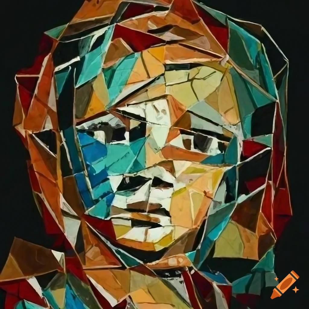Mosaic cubist sketch of child in forest with fragmented angular shapes ...