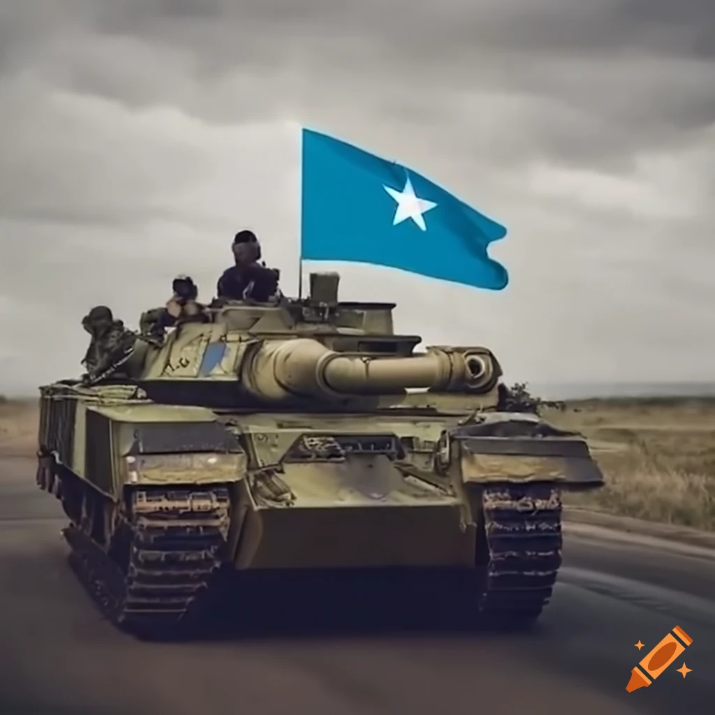Tank on a battlefield under a cloudy sky with Somalia flag on Craiyon