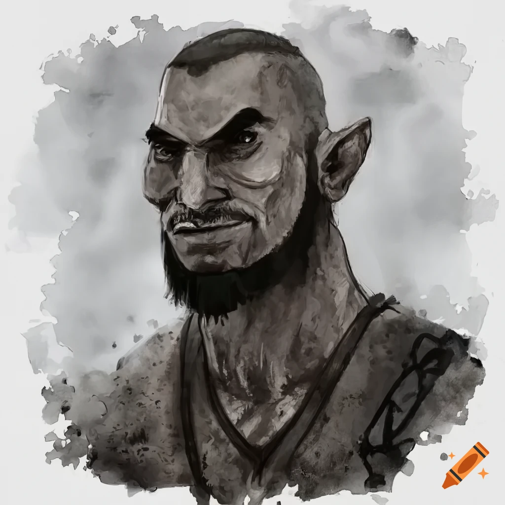 Stoic Goliath character from DnD with black hair and gray beard on Craiyon