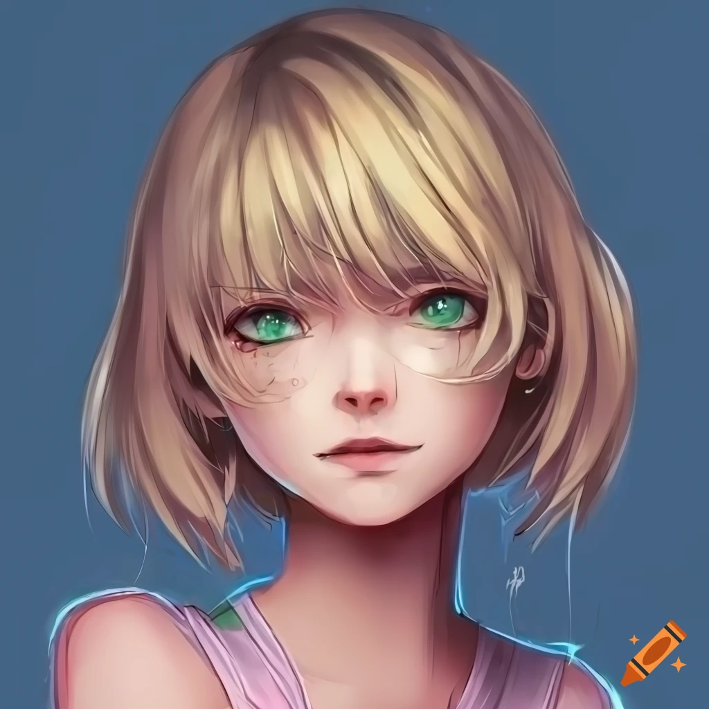 Anime Girl With Blonde Hair Blunt Bangs And Emerald Green Eyes