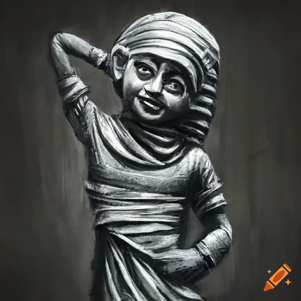Happy egyptian mummy child with arms raised in full body charcoal ...