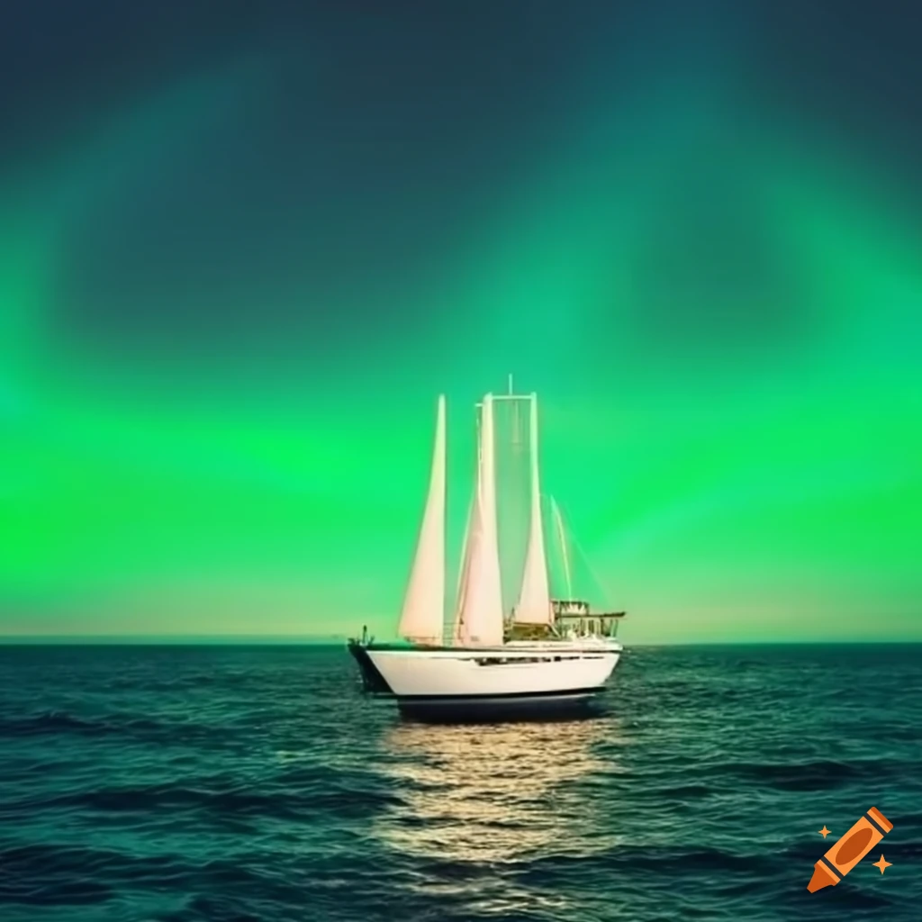 Yacht sailing in the ocean with a green star in the background on Craiyon