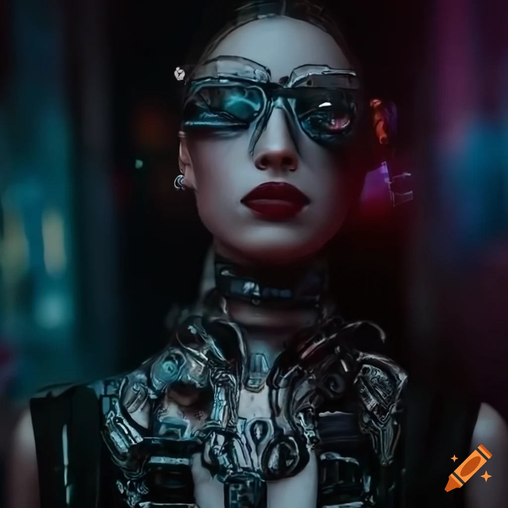 Close-up of a female cyborg goddess in a dark cyberpunk cityscape on ...