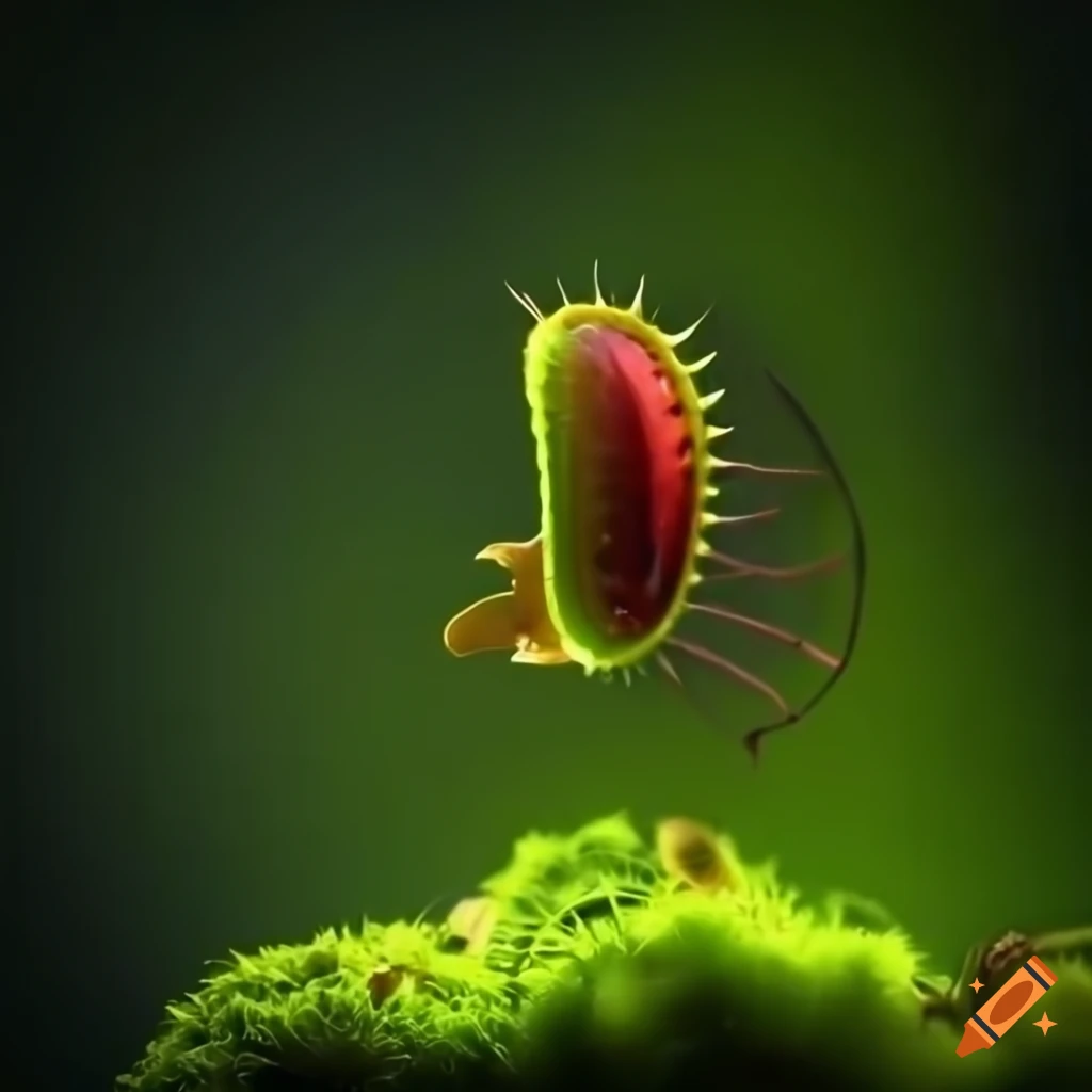 Glowing biopunk venus flytrap creature in a moss-covered cityscape on Craiyon