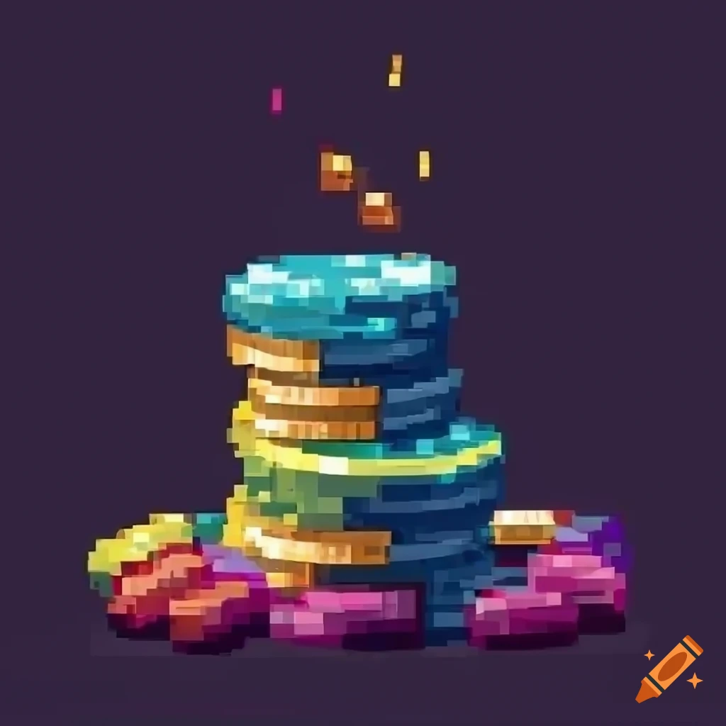 Stacks of coins and colorful gems with pixelated design on Craiyon