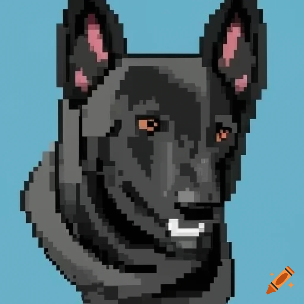 Pirate-themed pixel art of a black Belgian Malinois dog on Craiyon