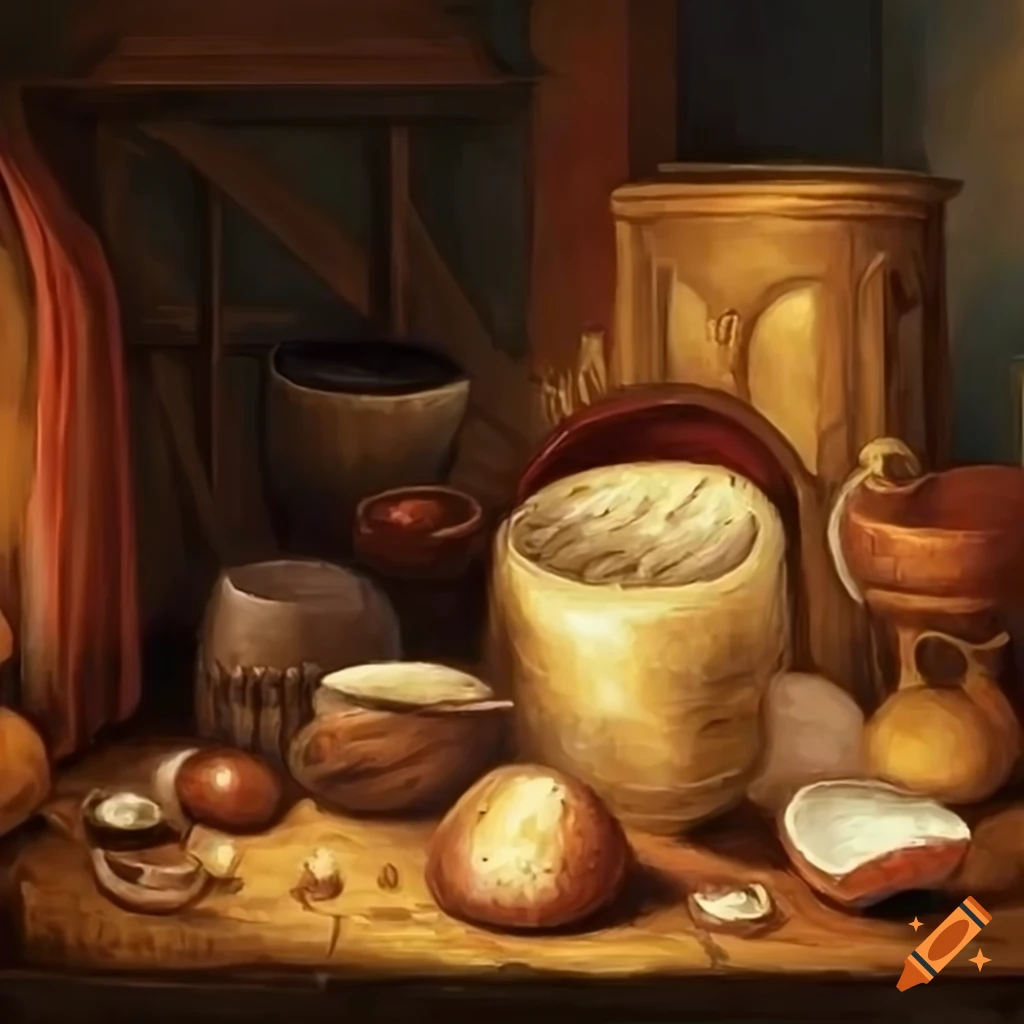 Medieval food processing in an oil painting style on Craiyon