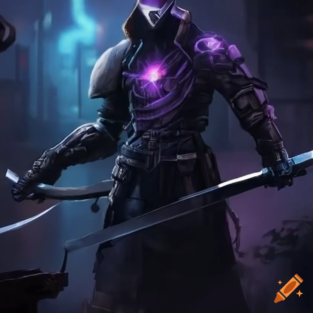 Cyberpunk swordsman at nightfall on Craiyon