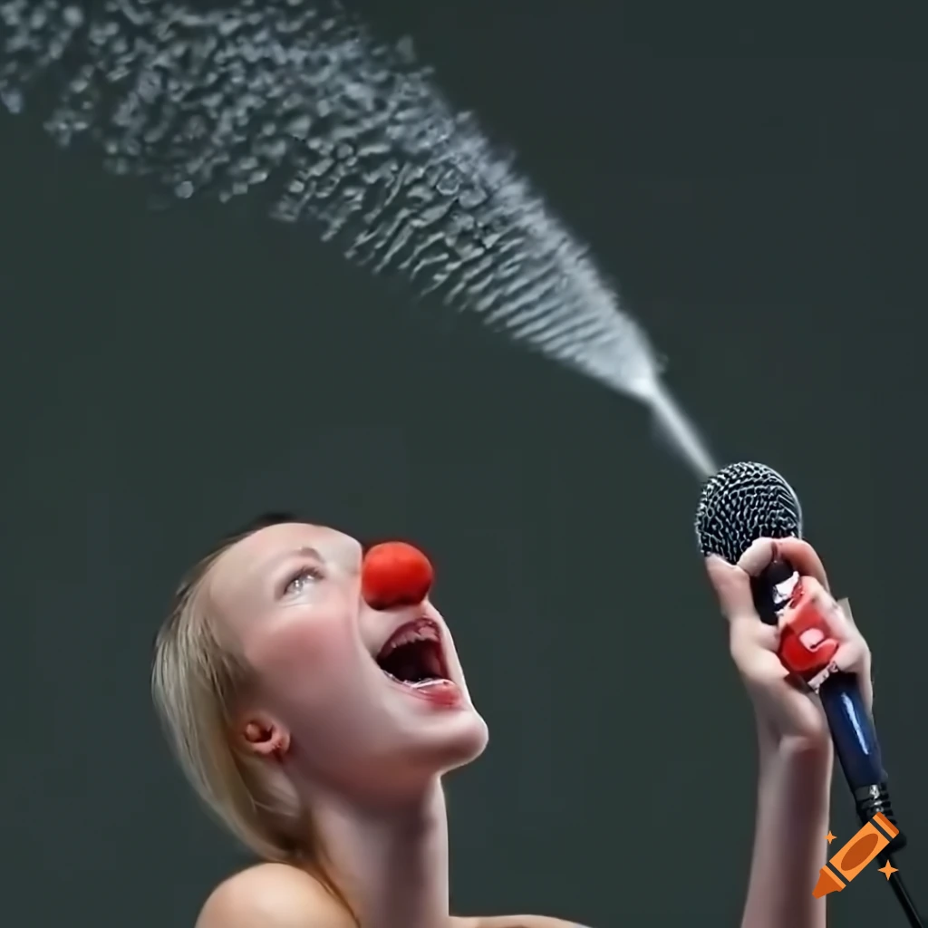 Blonde freckled woman with red clown nose holding a water-spraying ...