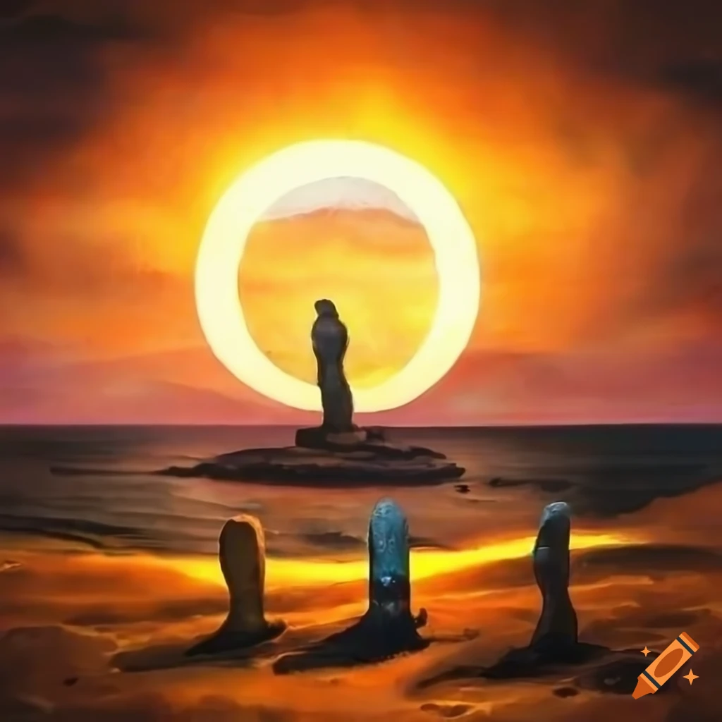 Rapa nui style painting of easter island statues with a solar eclipse on Craiyon