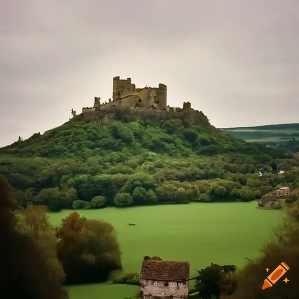 Coastal countryside medieval town with rolling hills and castle on Craiyon