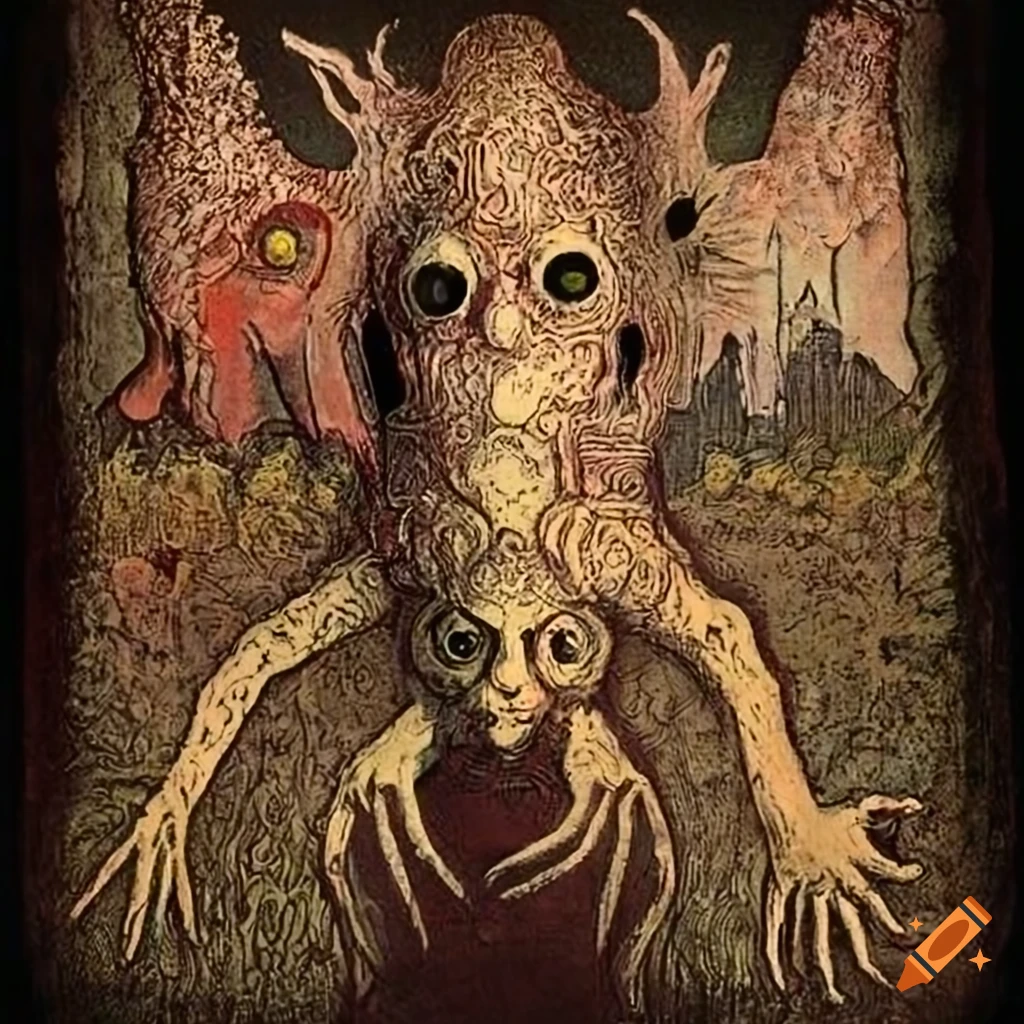Grotesque creature worshipped by small humans in a baroque esoteric ...
