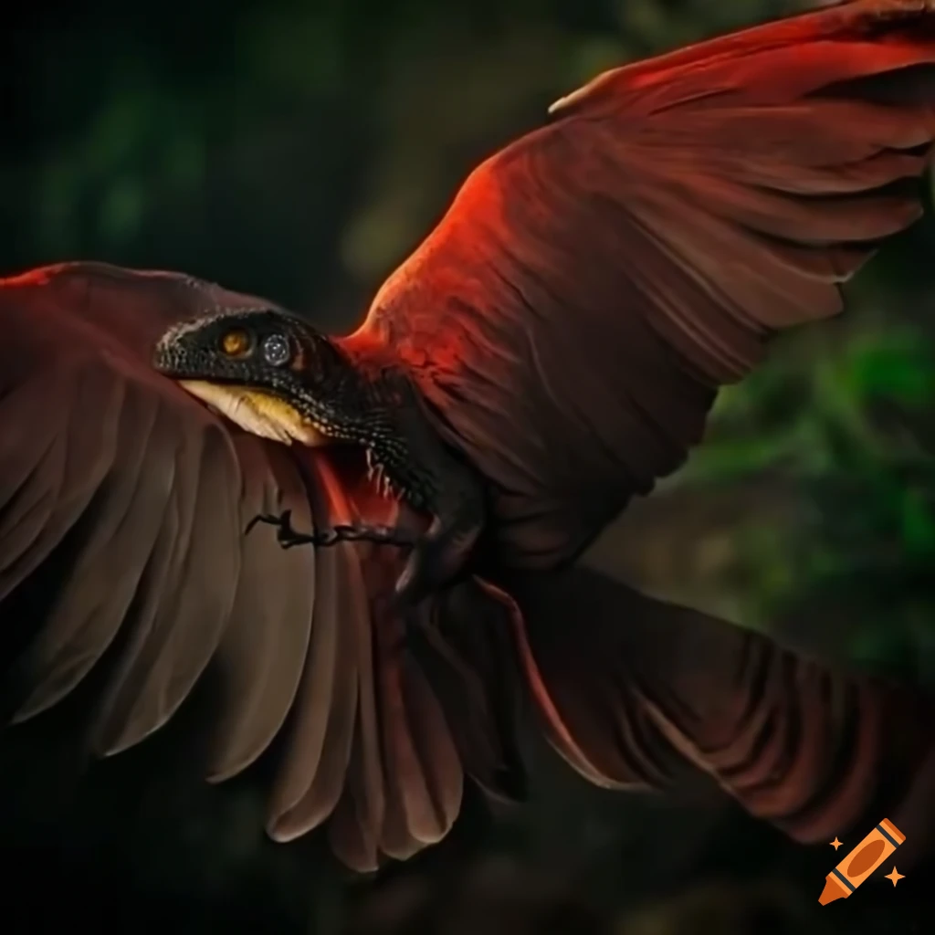 Velociraptor with black feathers and red streaks in jungle setting on ...