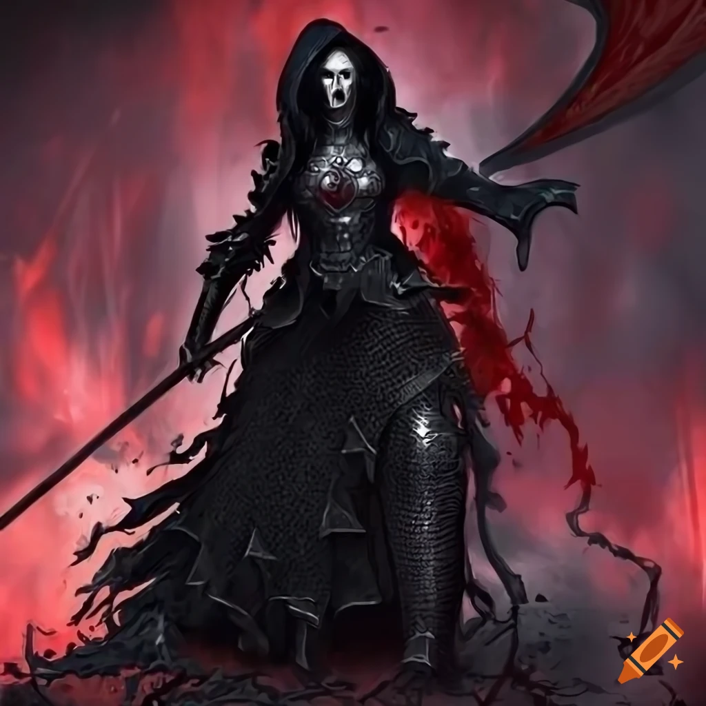 Sinister epic old female grim reaper in medieval spiked black armor ...