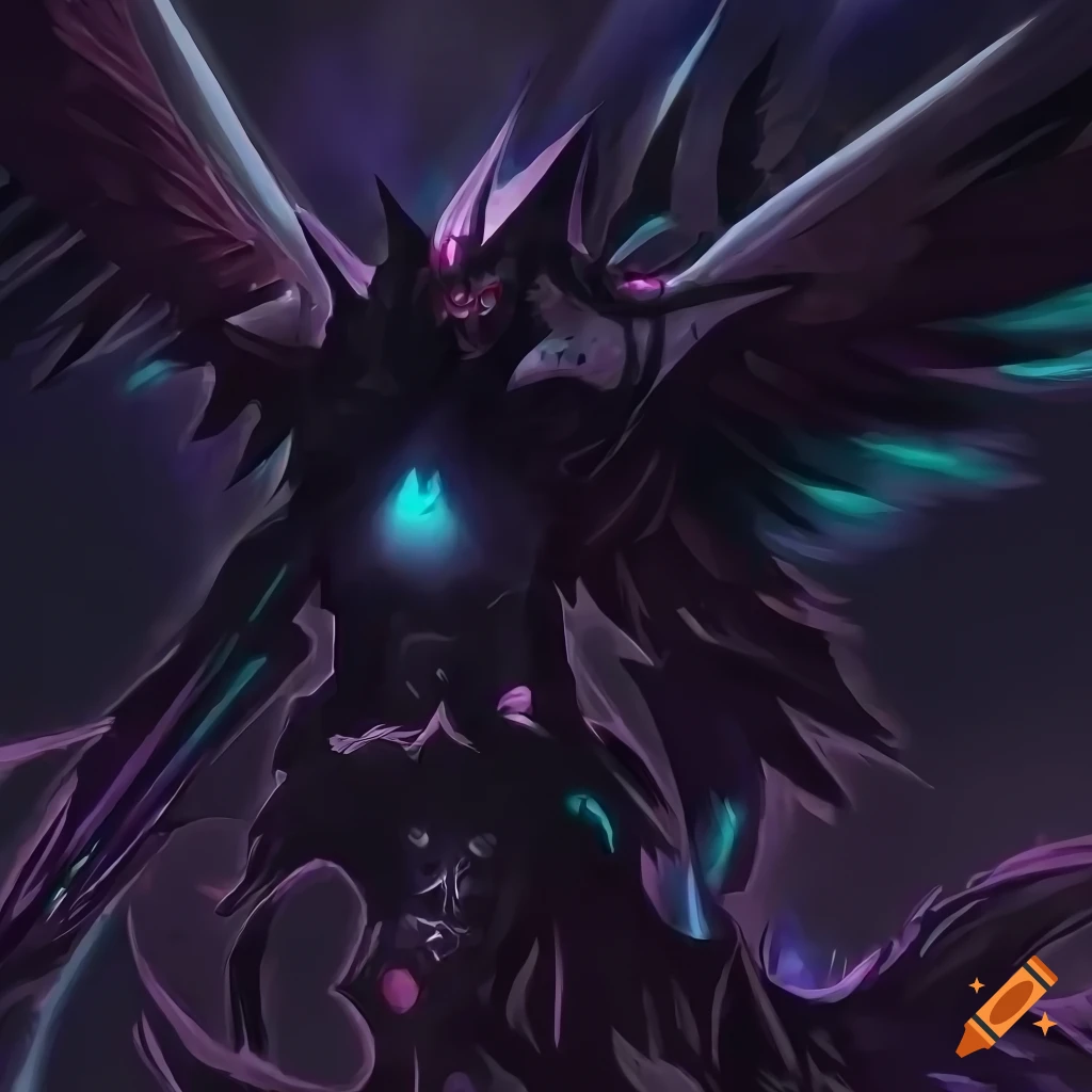 Heavily-stylized avian raven demon in various art styles on Craiyon