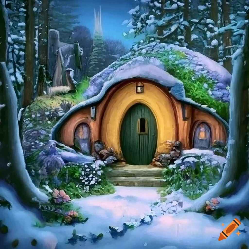 Fantasy hobbit house with stairs in a magical forest clearing on Craiyon