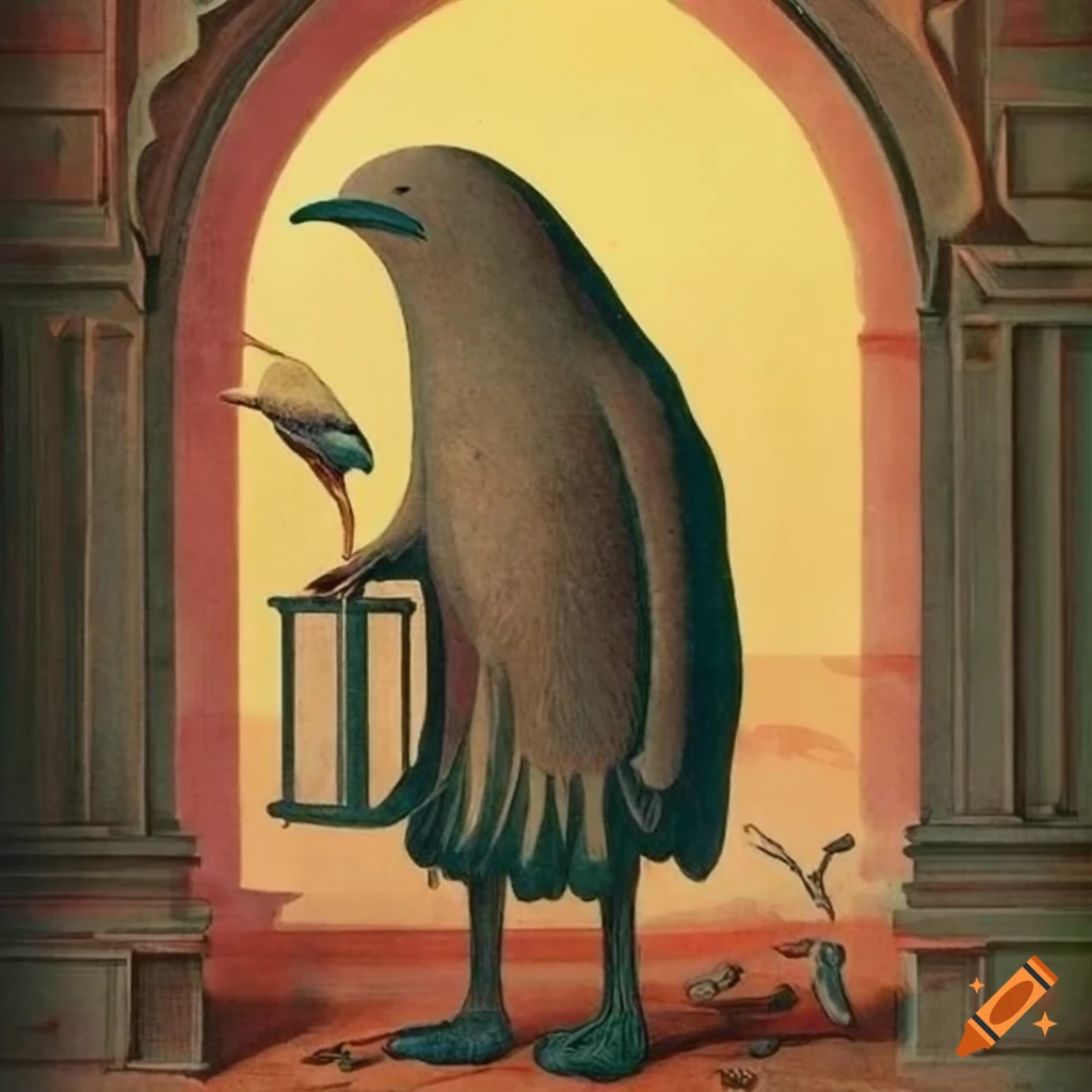 Groke holding a songbird in vintage educational style on Craiyon