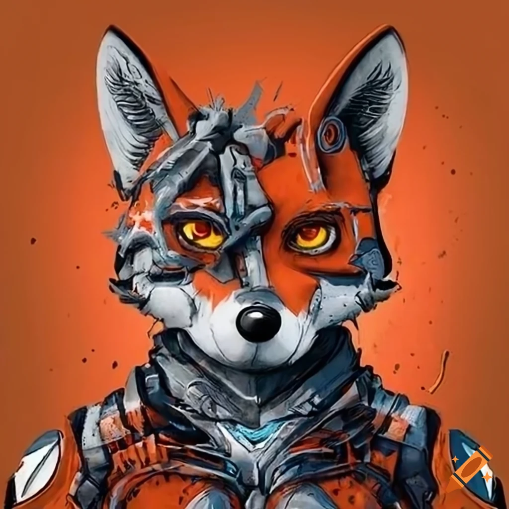 Anthropomorphic cyborg-fox in orange spray paint activism poster style ...