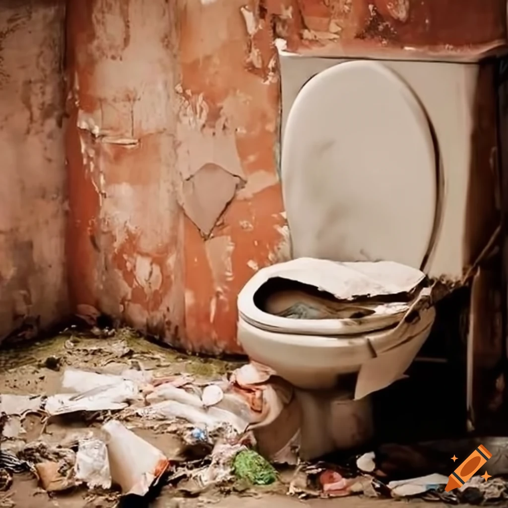 Dilapidated institutional bathroom with garbage and broken toilets on ...