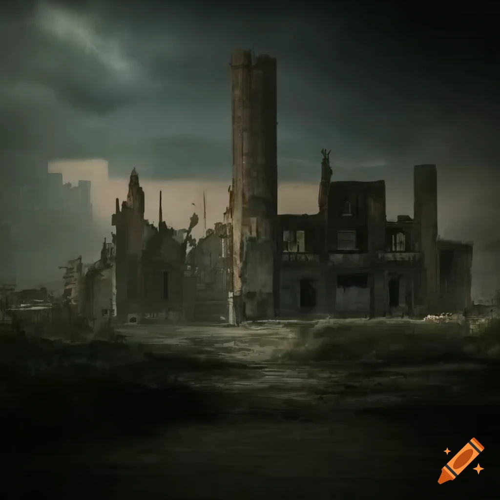 Post-apocalyptic ruins and empty streets in chateaubriant on Craiyon