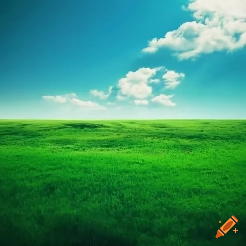 Lush green grass field under a peaceful blue sky with drifting clouds on Craiyon