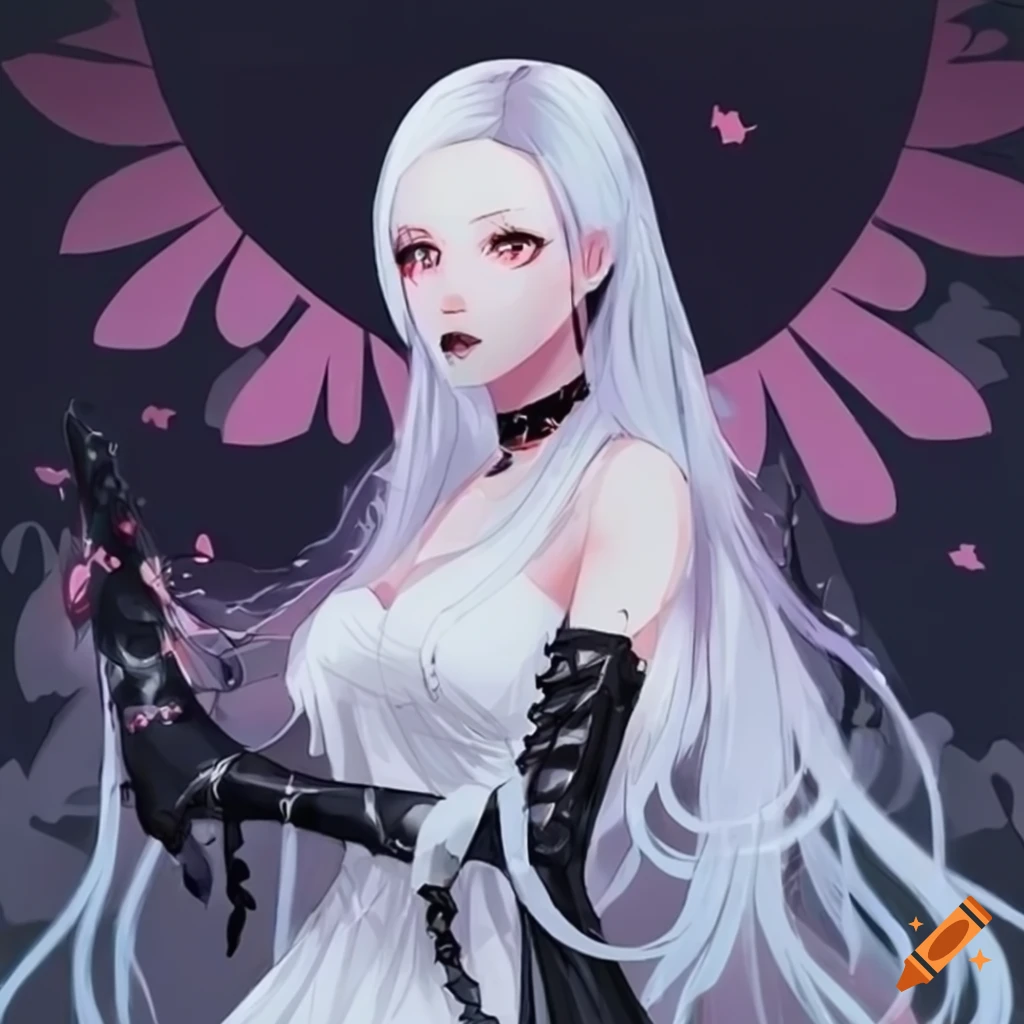 Goth anime woman in a white dress and black boots on Craiyon