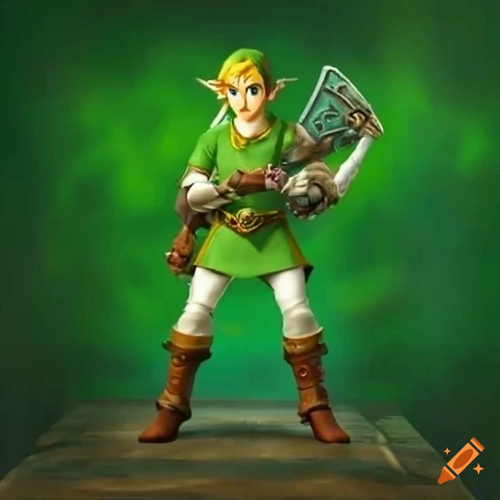 Link from zelda in a ready-to-fight pose on a green background on Craiyon