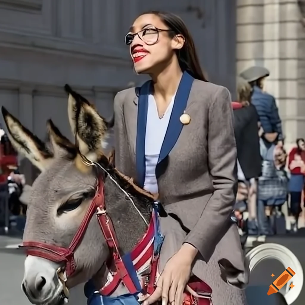 Alexandria Ocasio-Cortez riding a traditional donkey in a parade on Craiyon