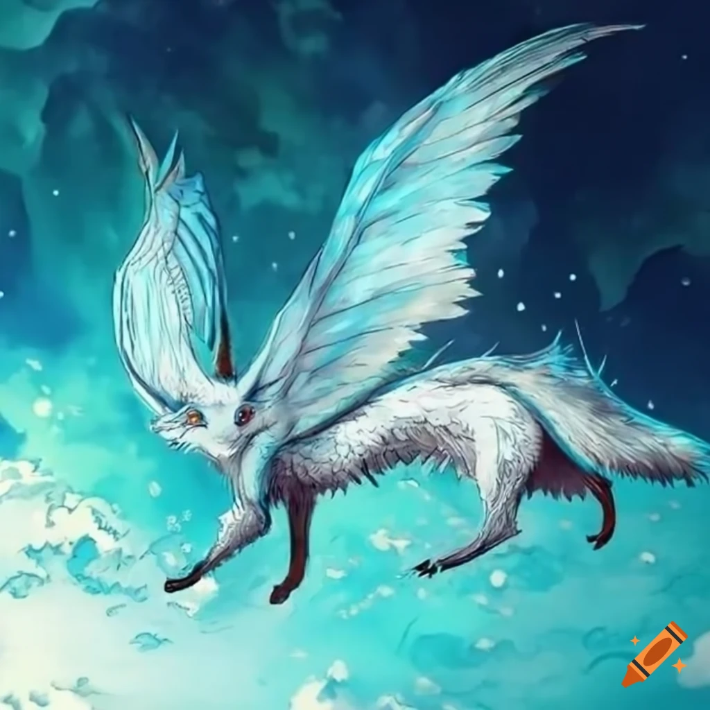 Mythical fox with long torso and wings flying in the sky on Craiyon