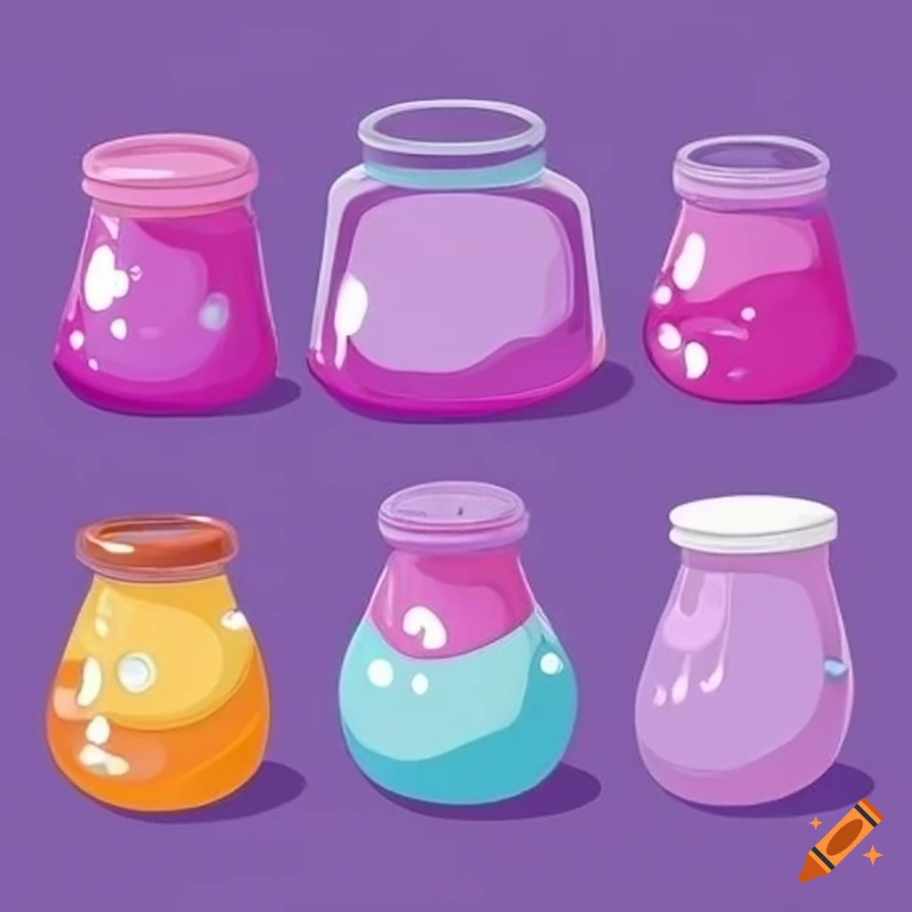 Collection of cute slimes in white and purple containers on Craiyon