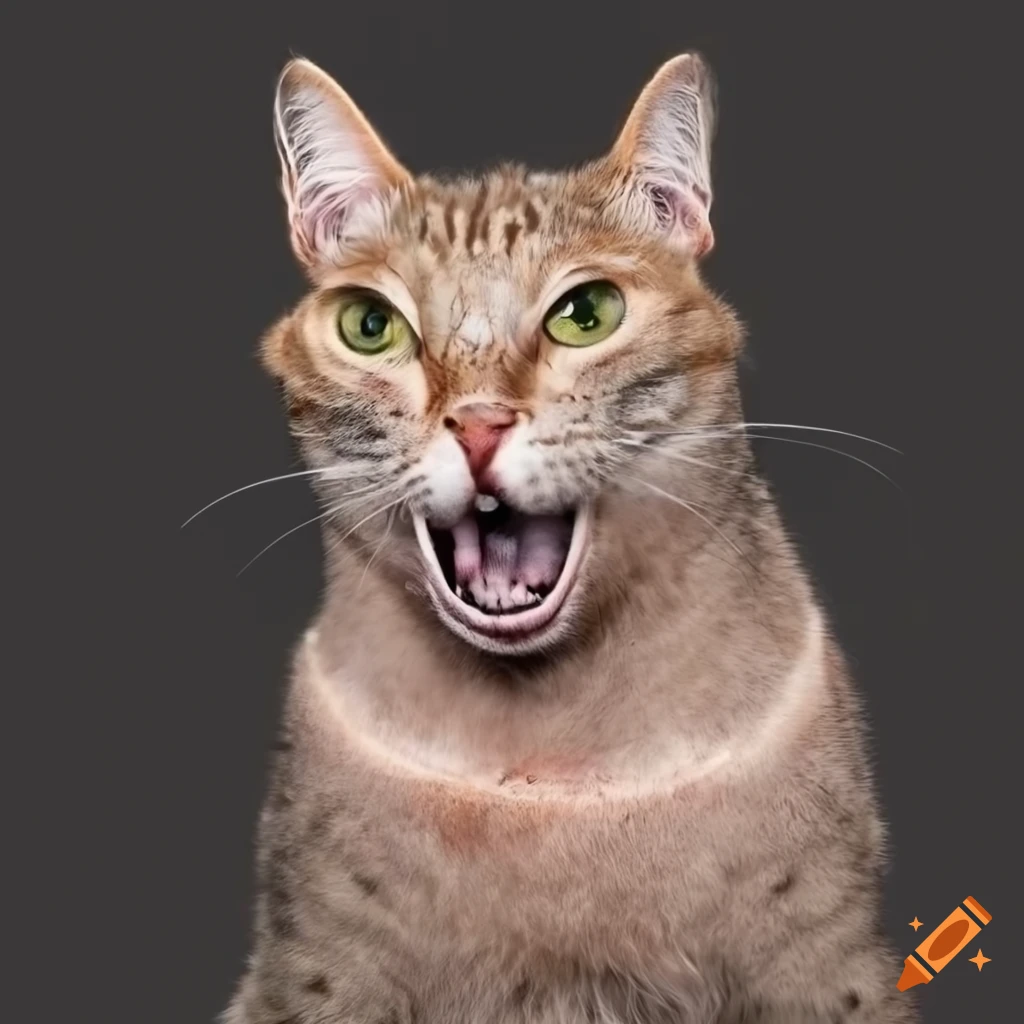 Detailed and realistic weird cat with silly expression on Craiyon