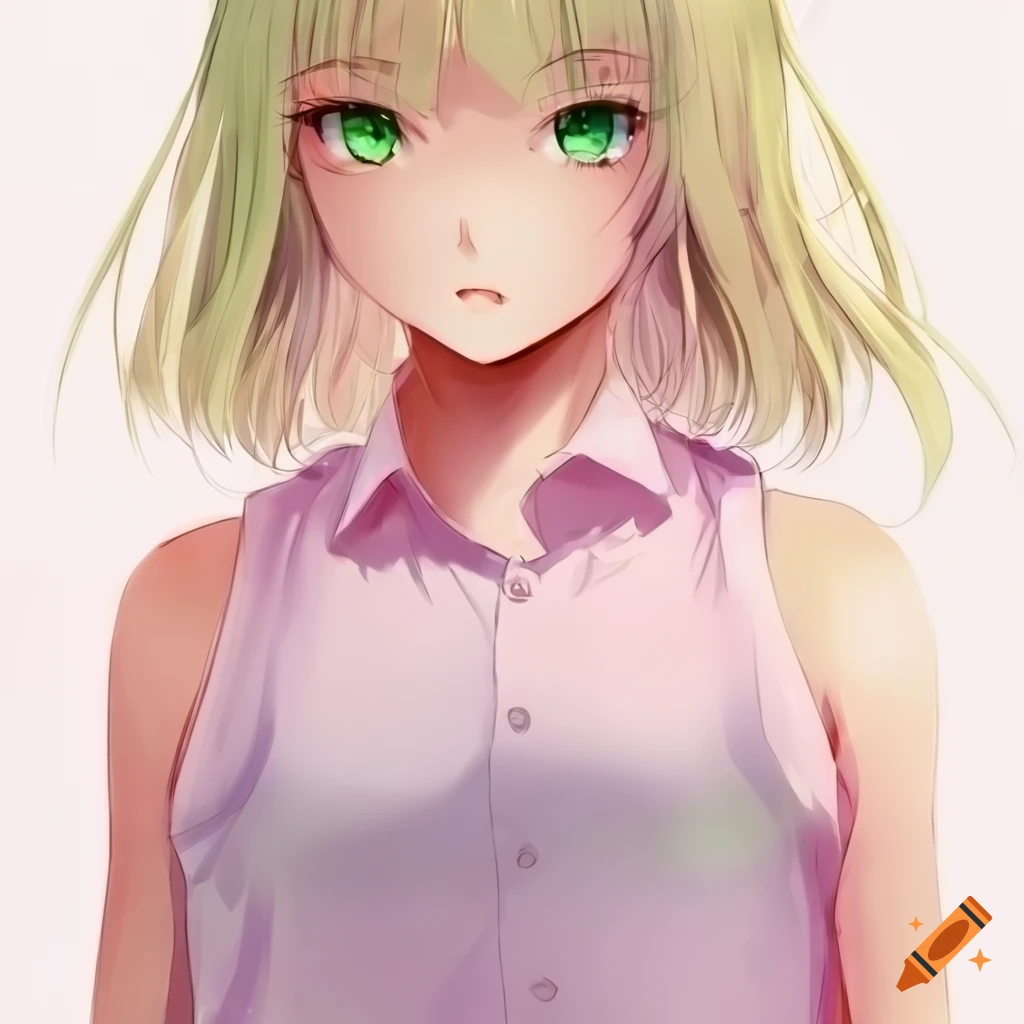 Anime Girl With Blonde Hair Blunt Bangs And Green Eyes In A Pink