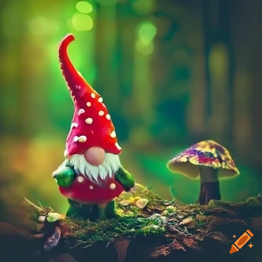 Enchanted forest with vibrant mushrooms and friendly gnomes on Craiyon