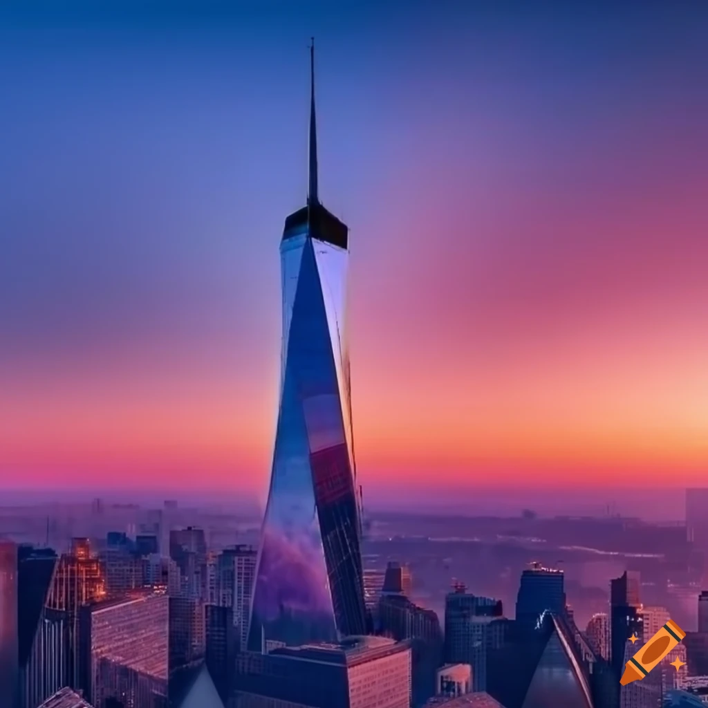 One world trade center against a colorful morning sky on Craiyon