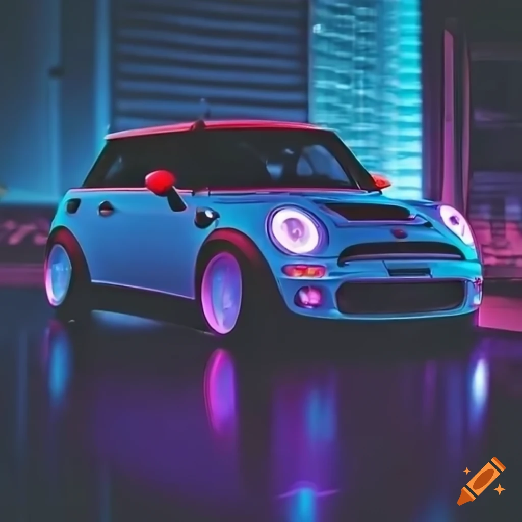 Mini cooper r53 in a blue neo-tokyo synthwave setting on Craiyon