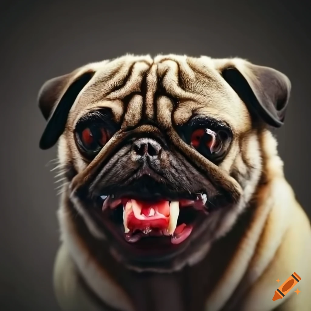 Startled pug with teeth bared in a motion on Craiyon