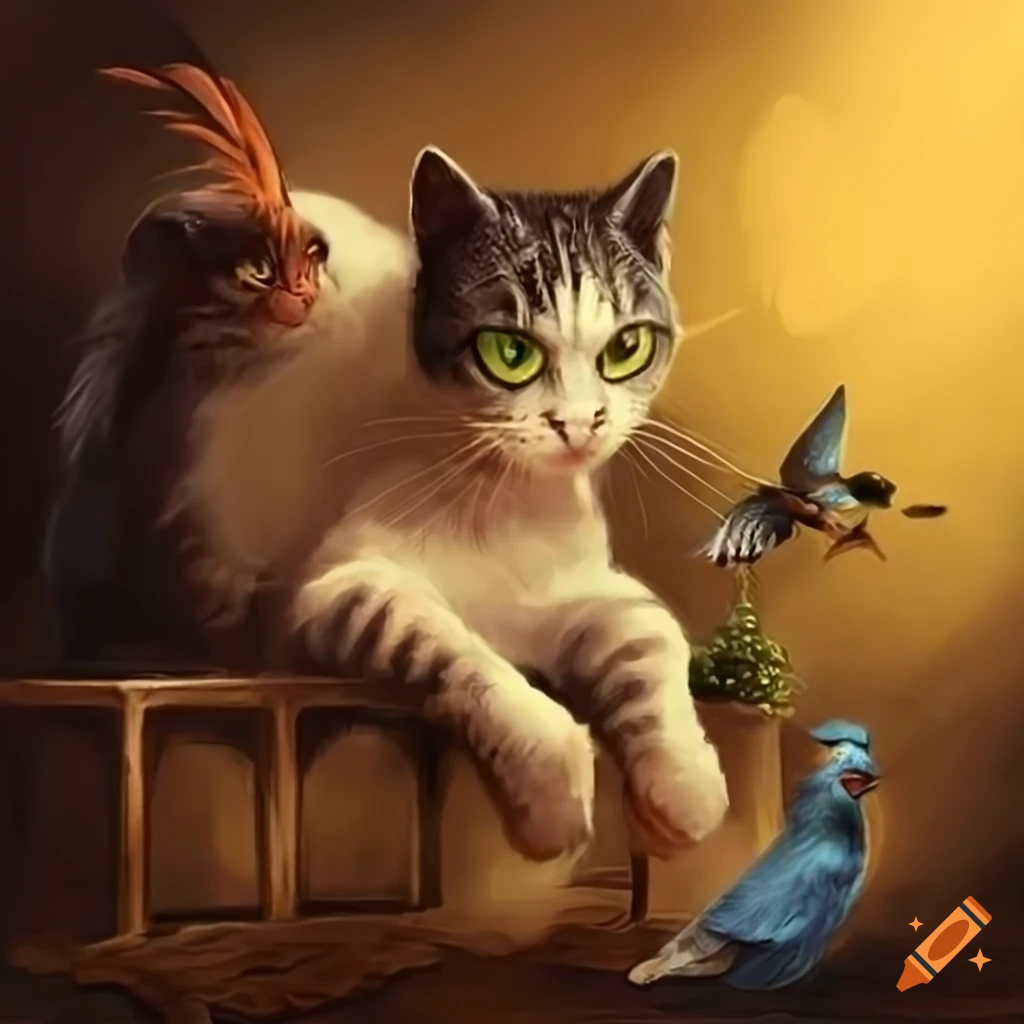 Cat playing with a bird in fantasy art style on Craiyon