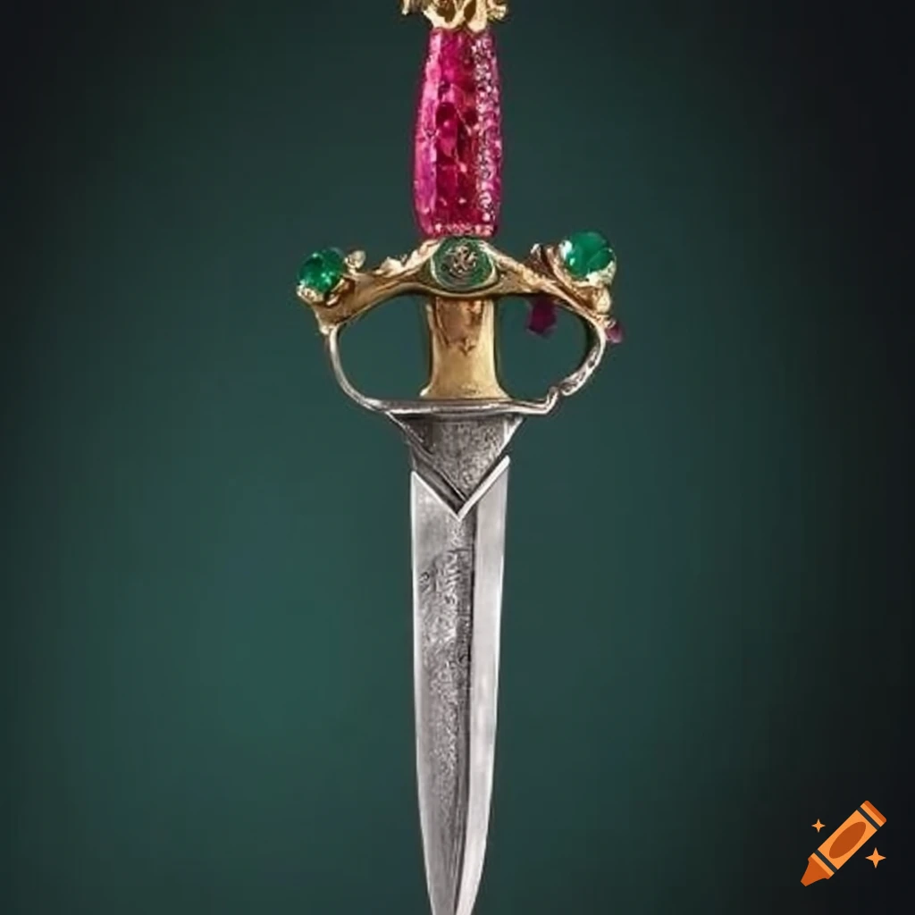 Dagger with ruby and emeralds encrusted hilt on Craiyon