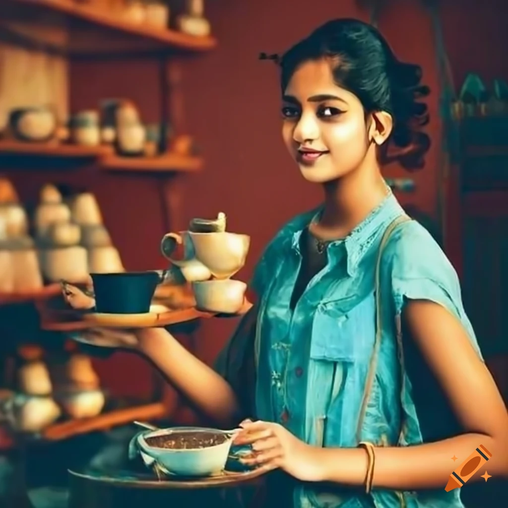 Indian girl working at a tea stall on Craiyon
