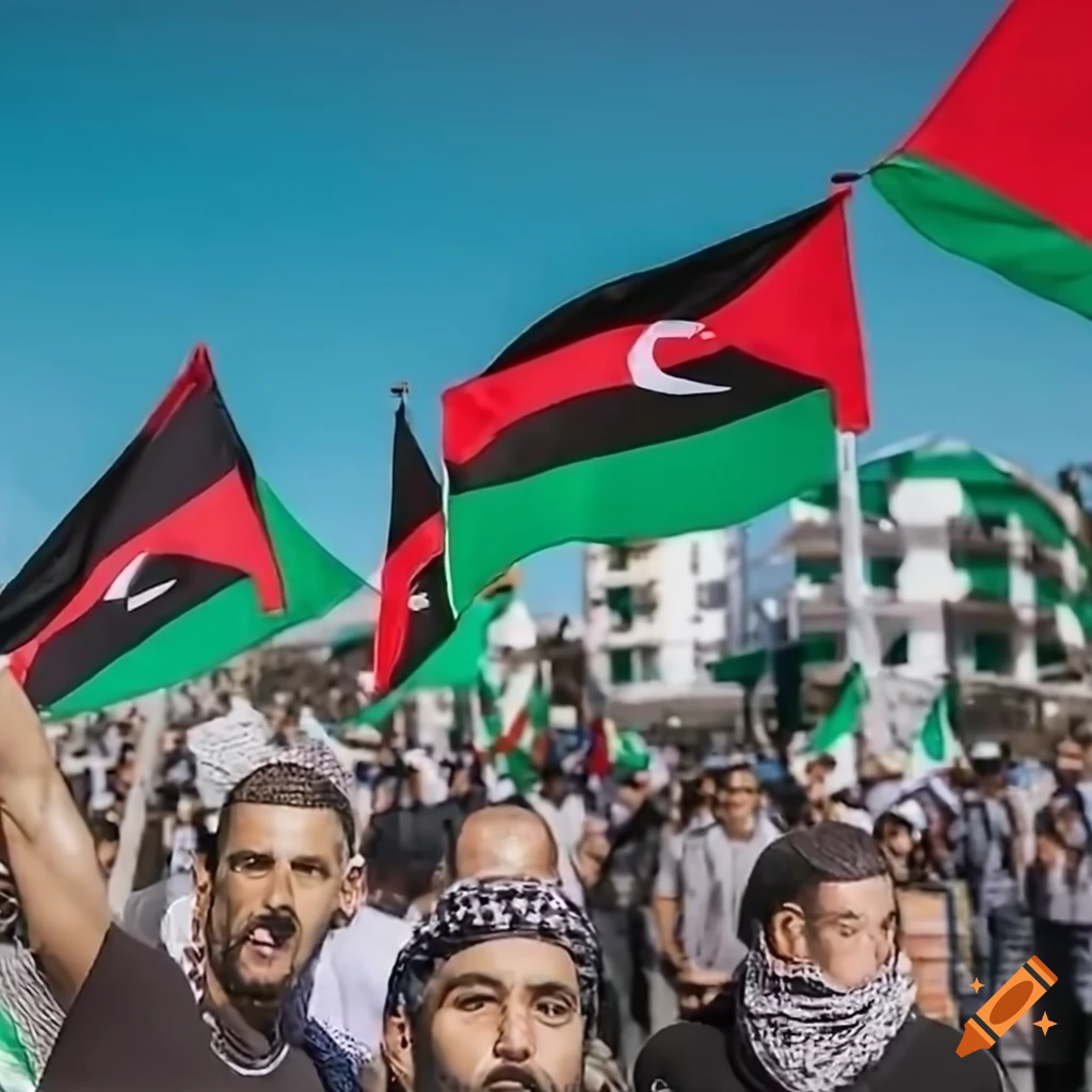Crowd in Tripoli holding Libyan and Palestinian flags with protest ...