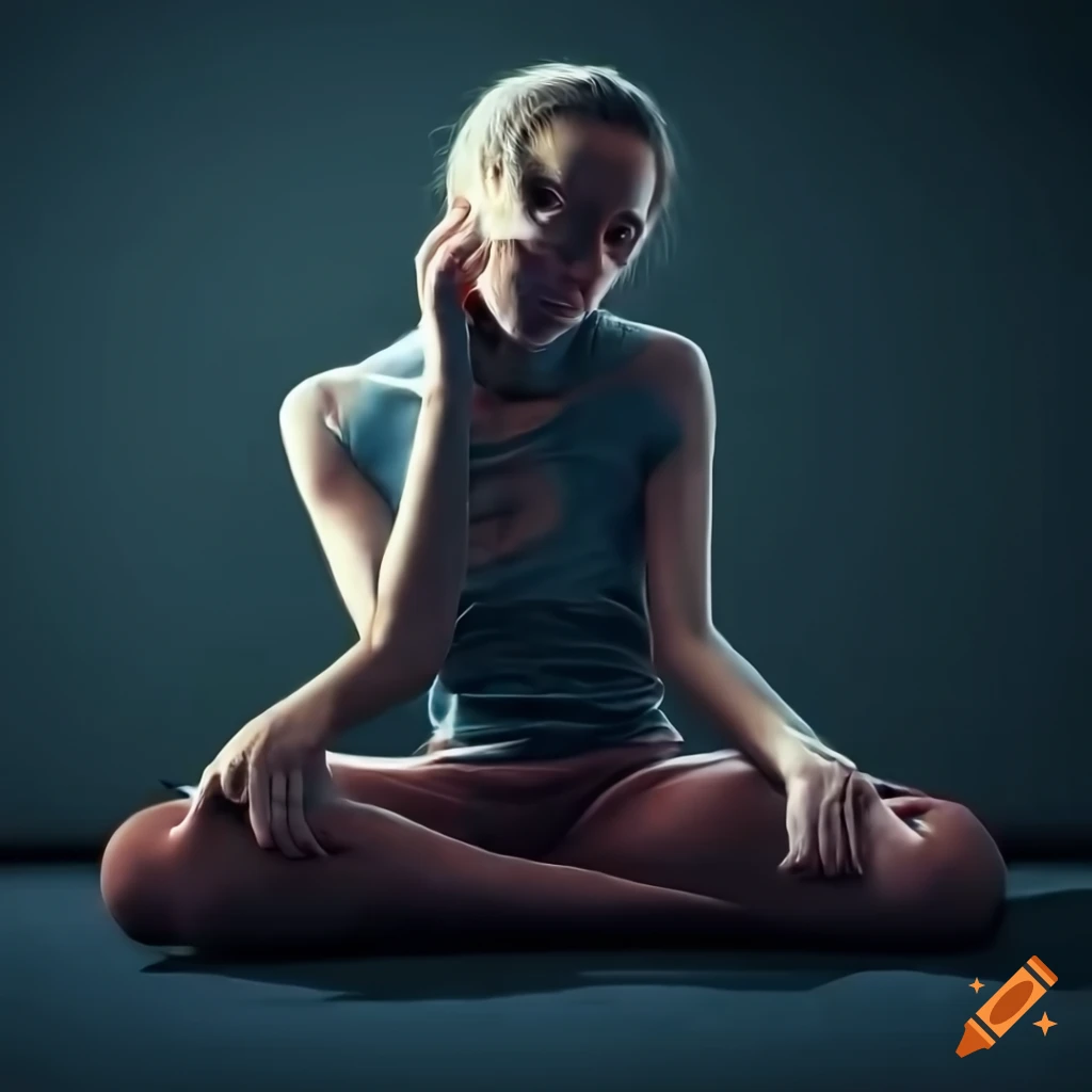 Person sitting with knees up, looking away from fear, hyperrealistic image on Craiyon