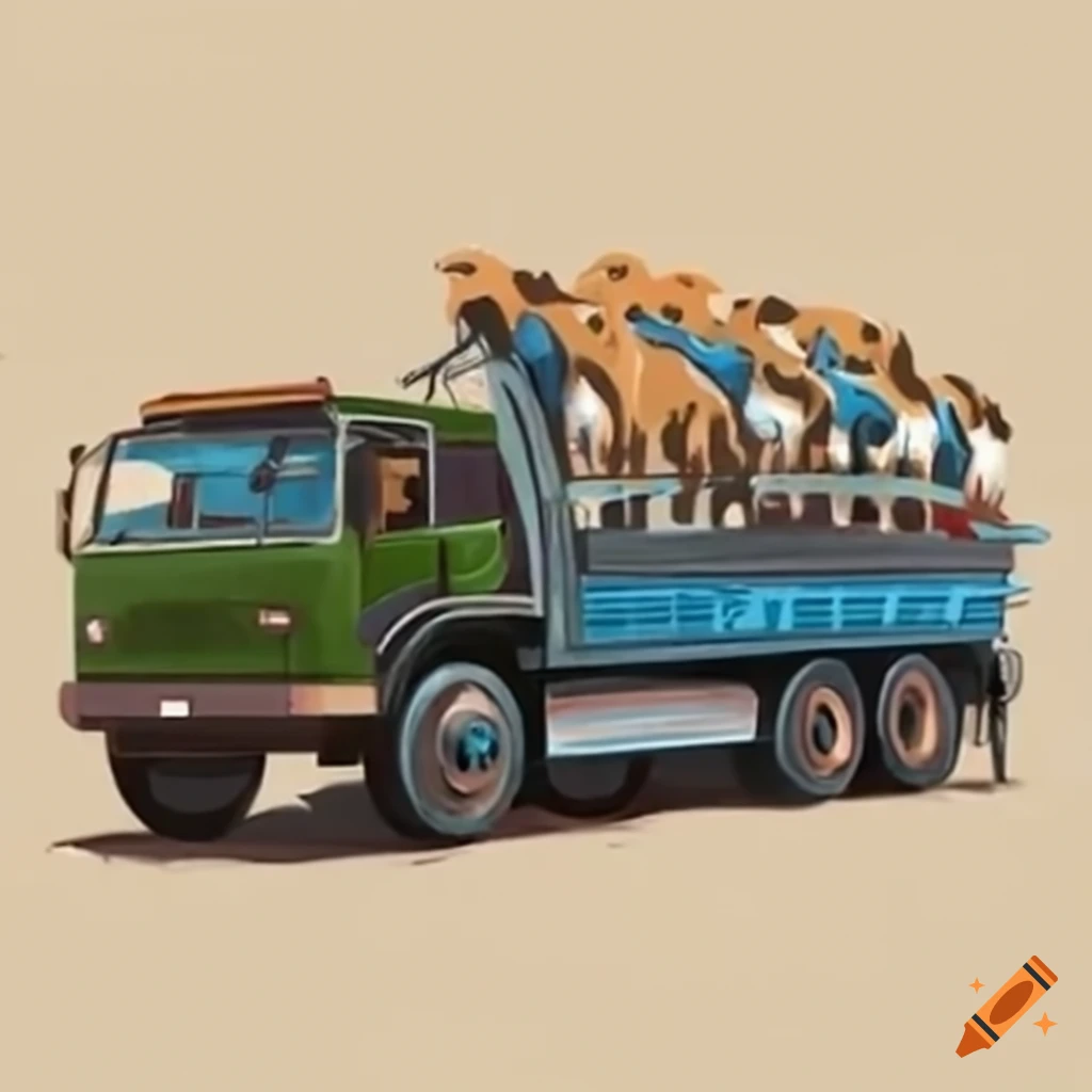 Russian truck towing cows on a flat trailer in an oil painting on Craiyon