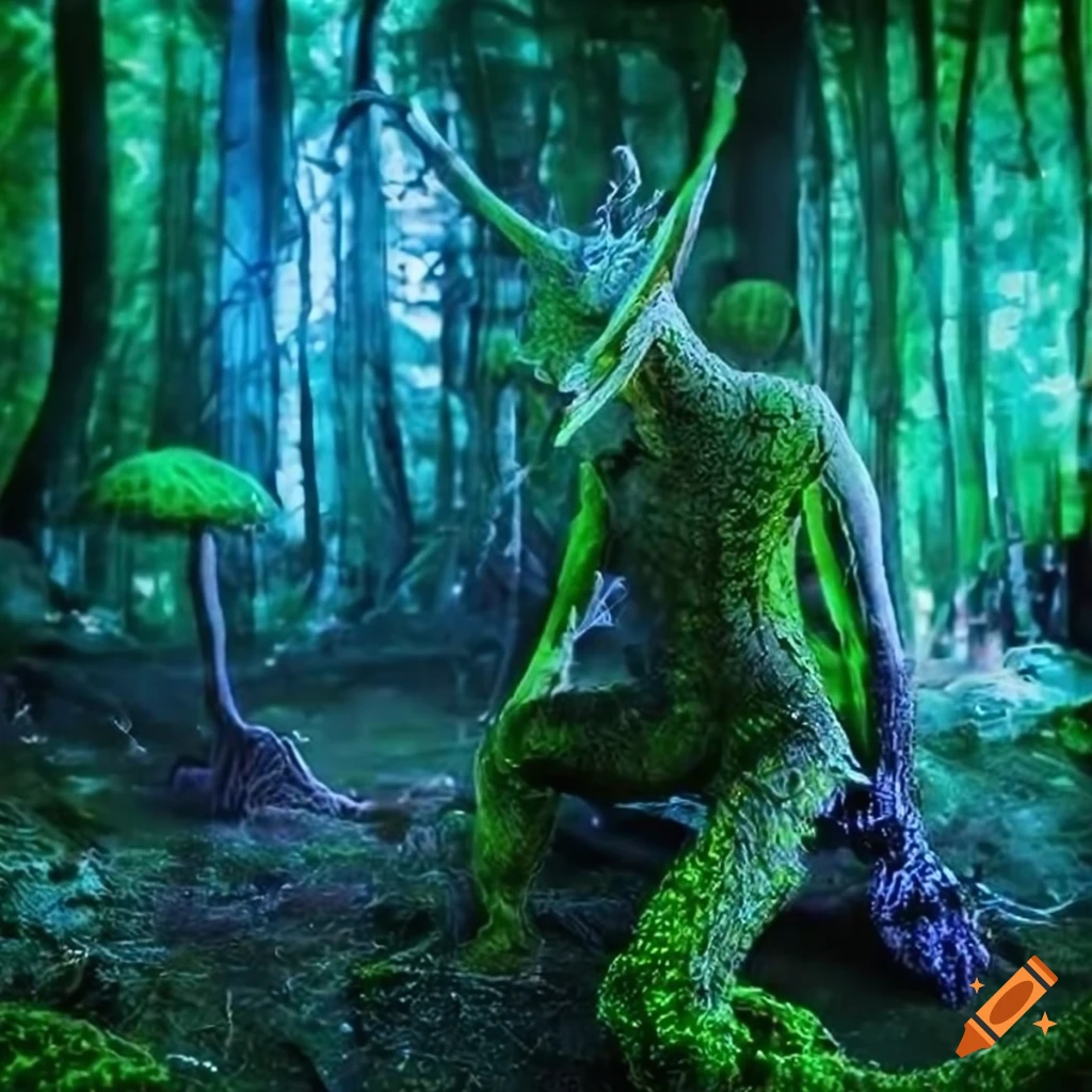 Glowing biopunk cityscape with mythical creatures and biological energy ...