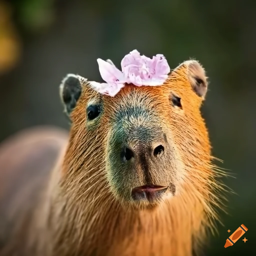 Playful capybara with a vibrant flower on its head on Craiyon