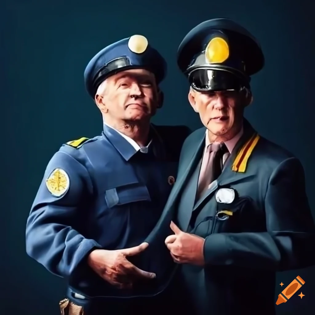 Fireman and policeman embracing at a birthday party on Craiyon