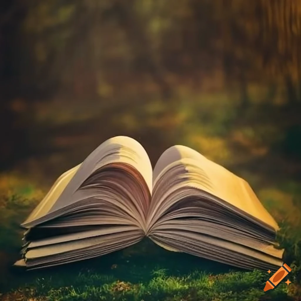 Books on the ground in a scenic landscape on Craiyon